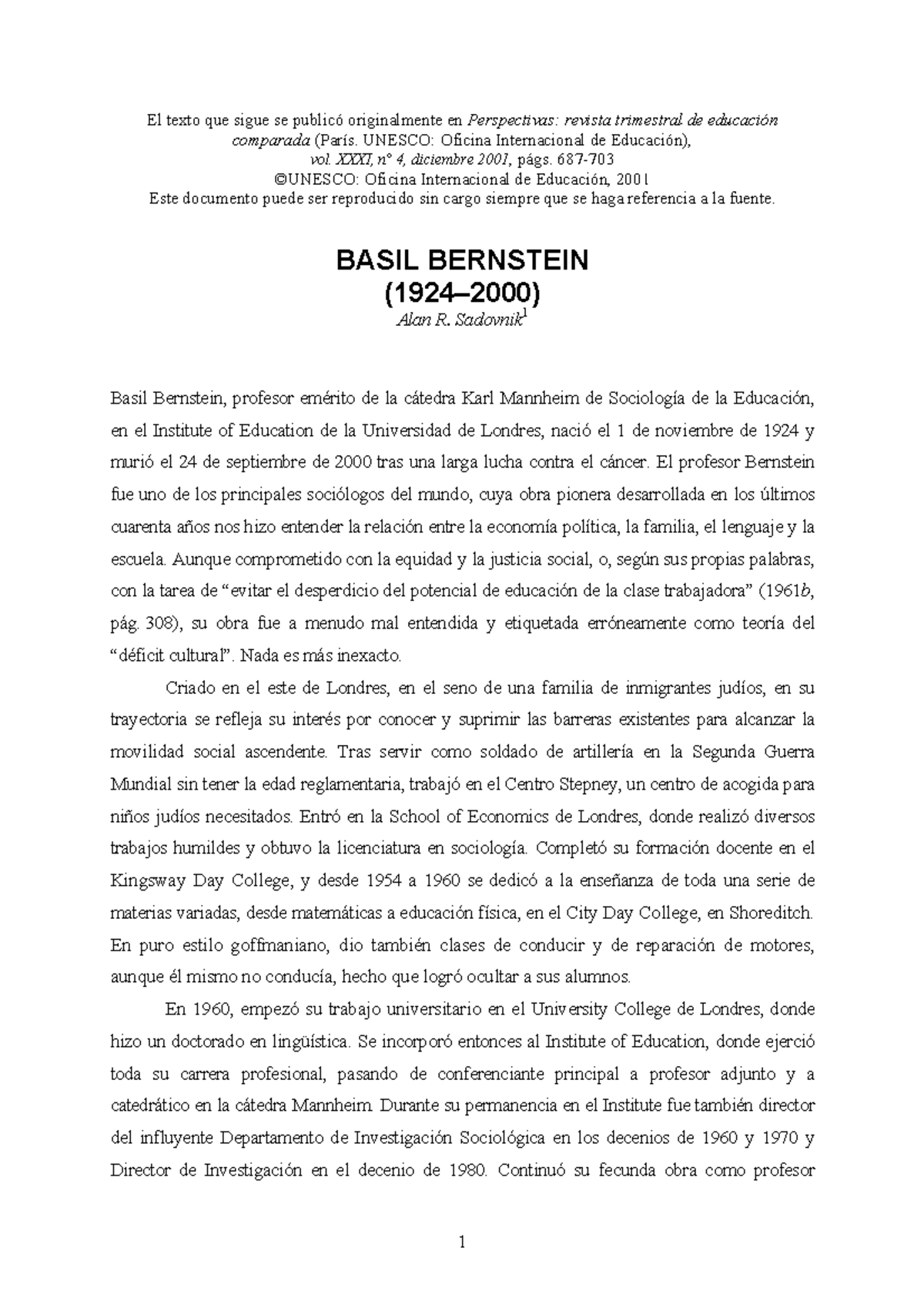 Basil Bernstein - Nota: 1 - El texto que sigue se publicó originalmente en Perspectivas: revista ...