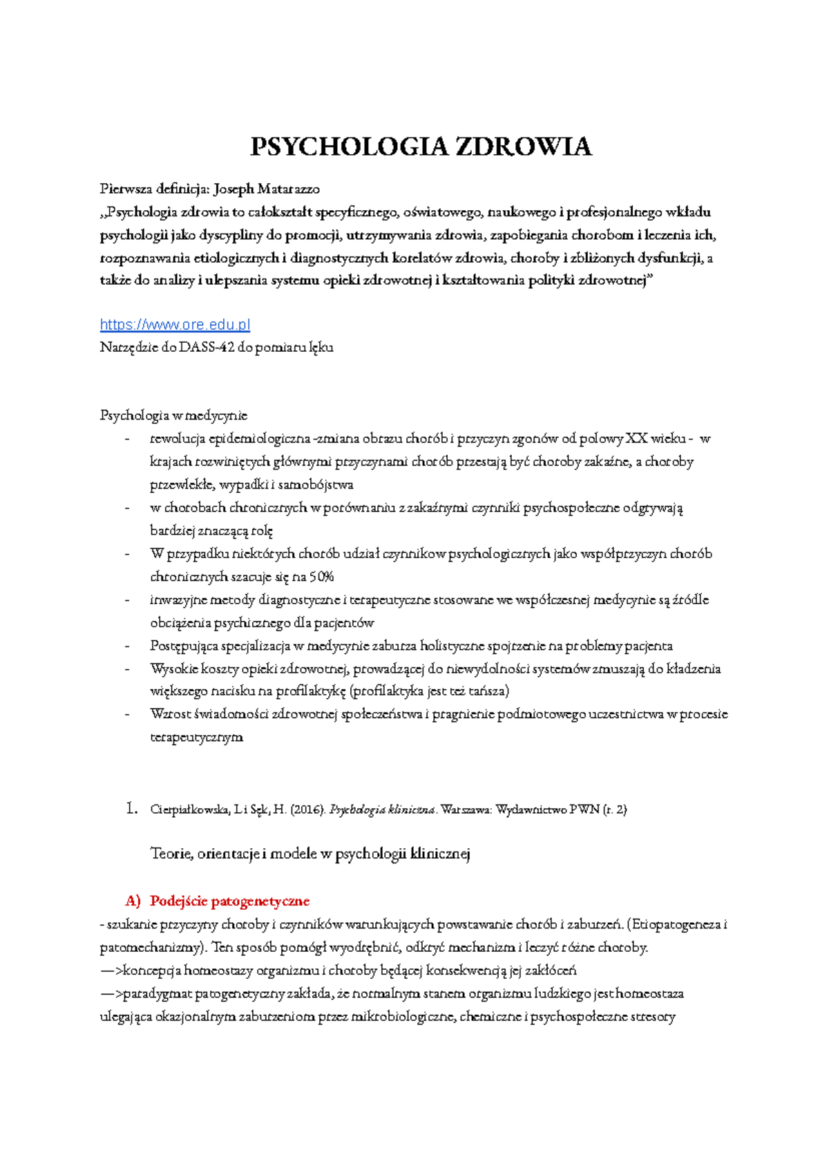 Psychologia Kliniczna I Zdrowia - PSYCHOLOGIA ZDROWIA Pierwsza denicja ...