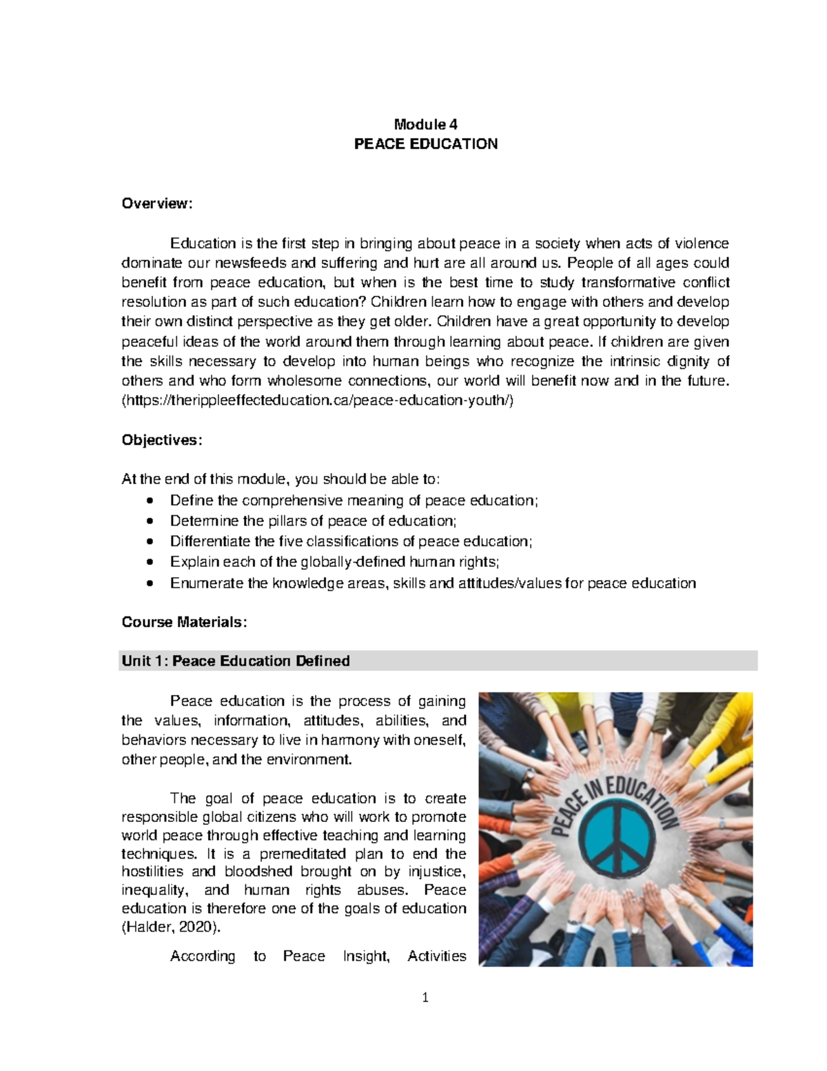 Module 4 - Peace Education - Module 4 PEACE EDUCATION Overview ...