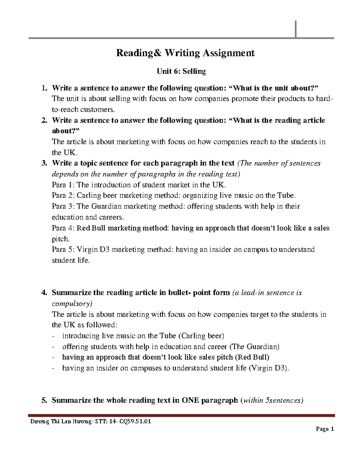 Unit 6- Selling- Assignment - Dương Thị Lan Hương- STT: 14 - CQ59. 01 ...