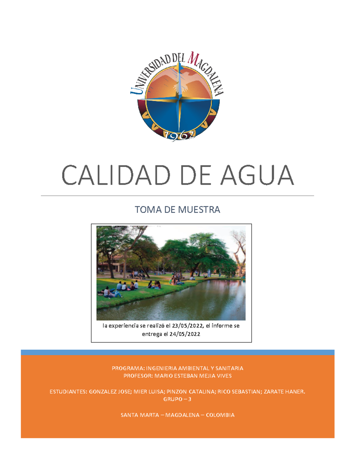 Calidad DE AGUA TOMA DE Muestra Grupo 3 - 2019 217075 - PROGRAMA ...