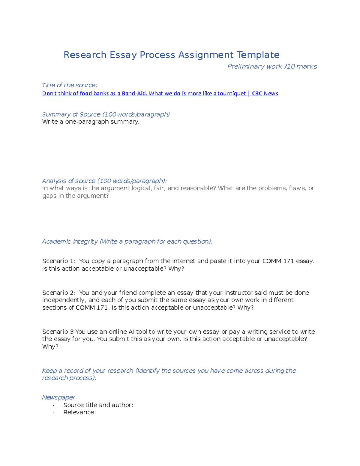 Research Essay Process Assignment Template - Research Essay Process Assignment Template ...
