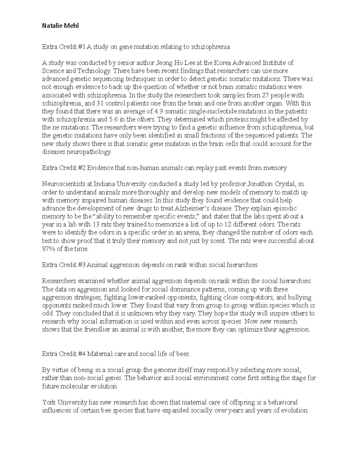 extra credit assignment - Natalie Mehl Extra Credit #1 A study on gene ...