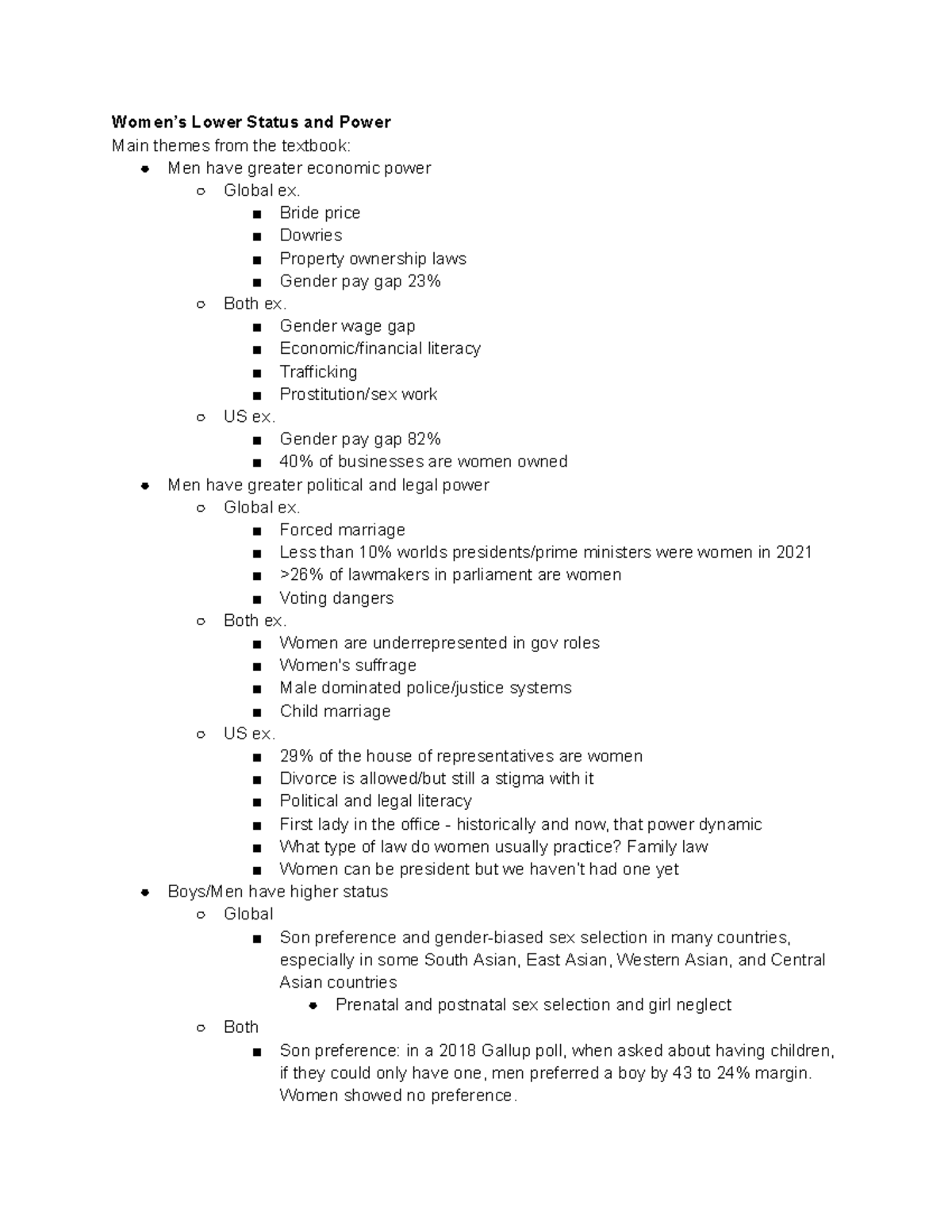 Chapter 2 Study Guide - Women’s Lower Status and Power Main themes from ...