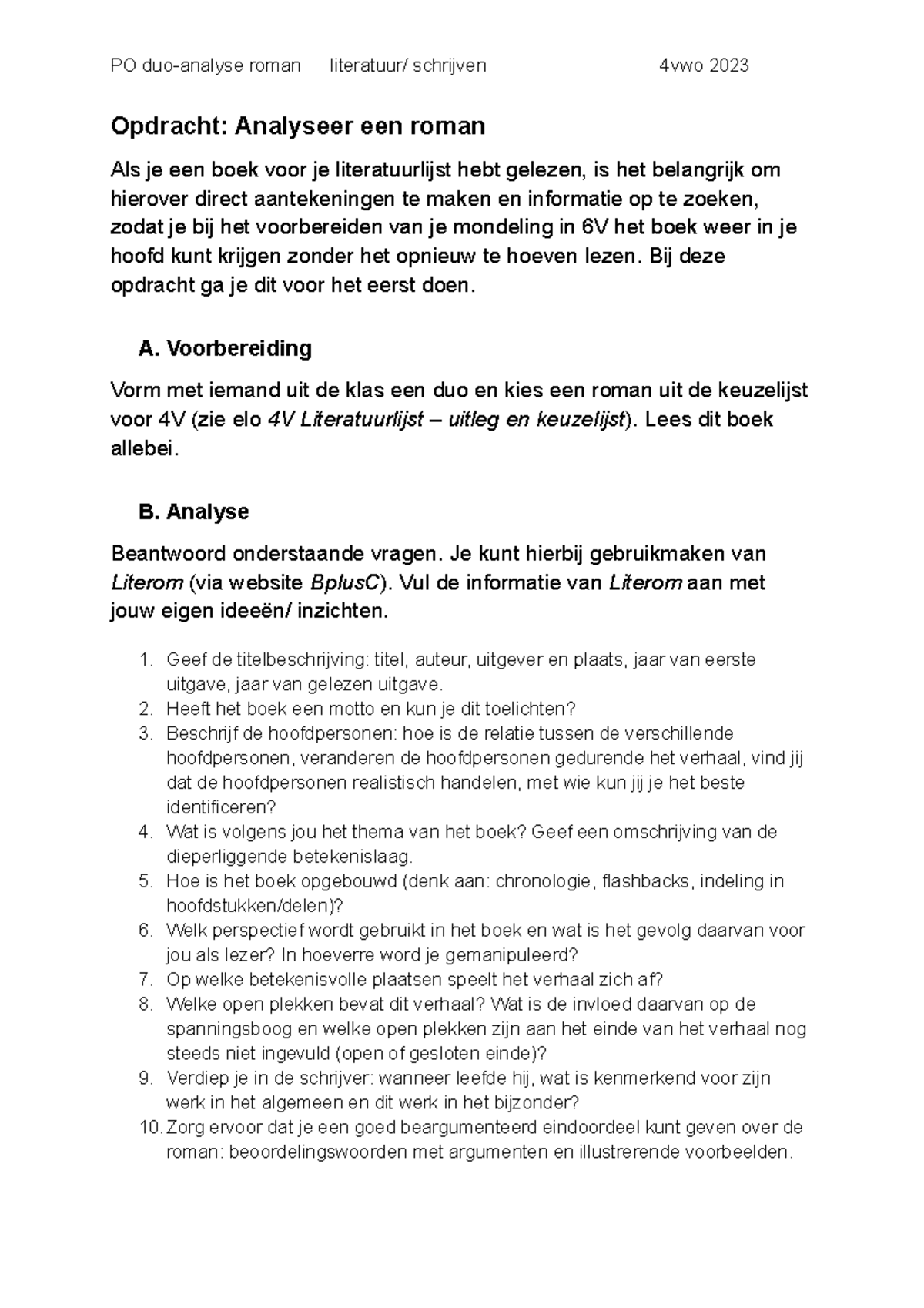 4V PO duo-analyse roman - PO duo-analyse roman literatuur/ schrijven ...