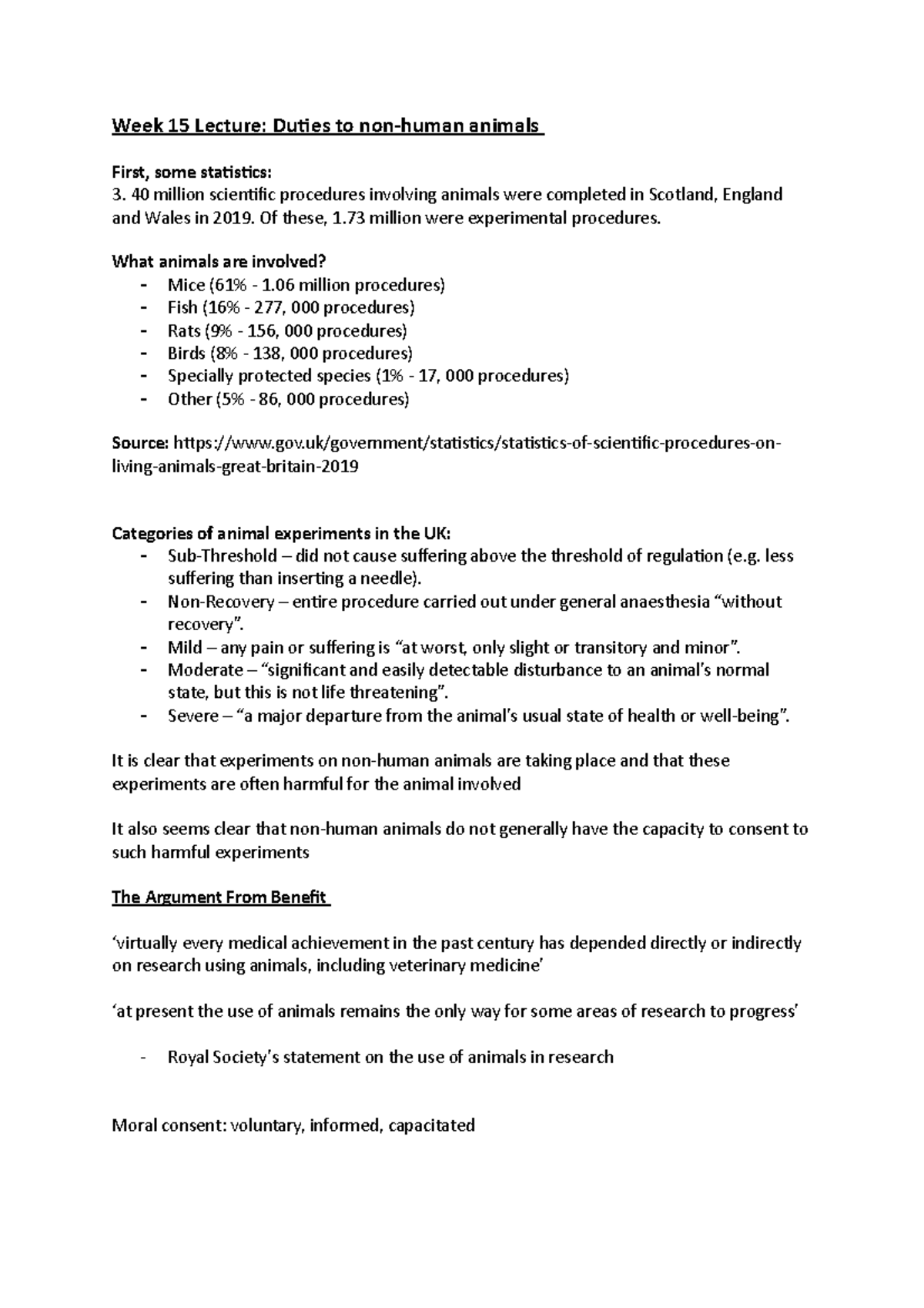 Week 15 Lecture P - Philosophy of Religion - Week 15 Lecture: Duties to non-human animals First ...