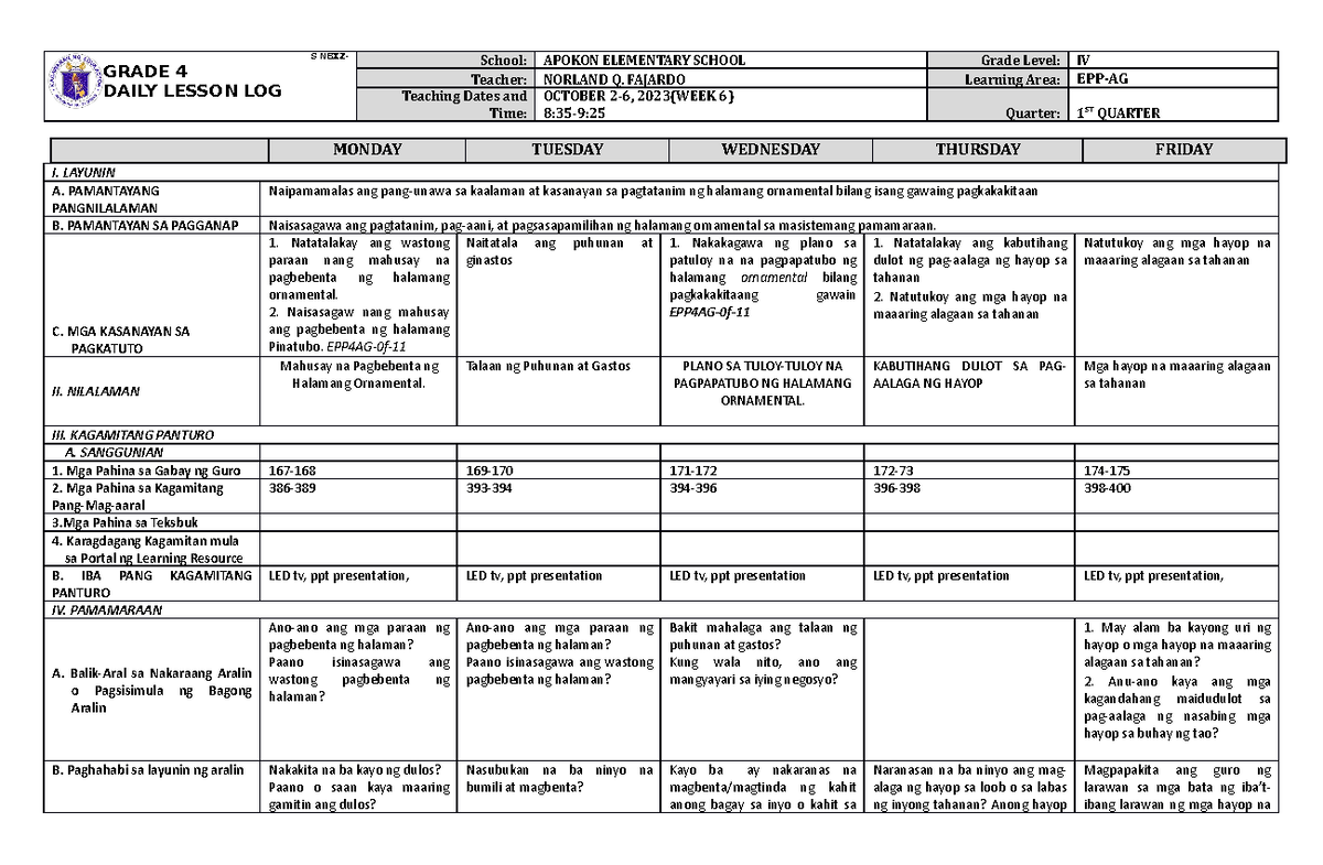 DLL EPP-AG 4 Q1 W6 - wala - S NBXZ- GRADE 4 DAILY LESSON LOG School ...