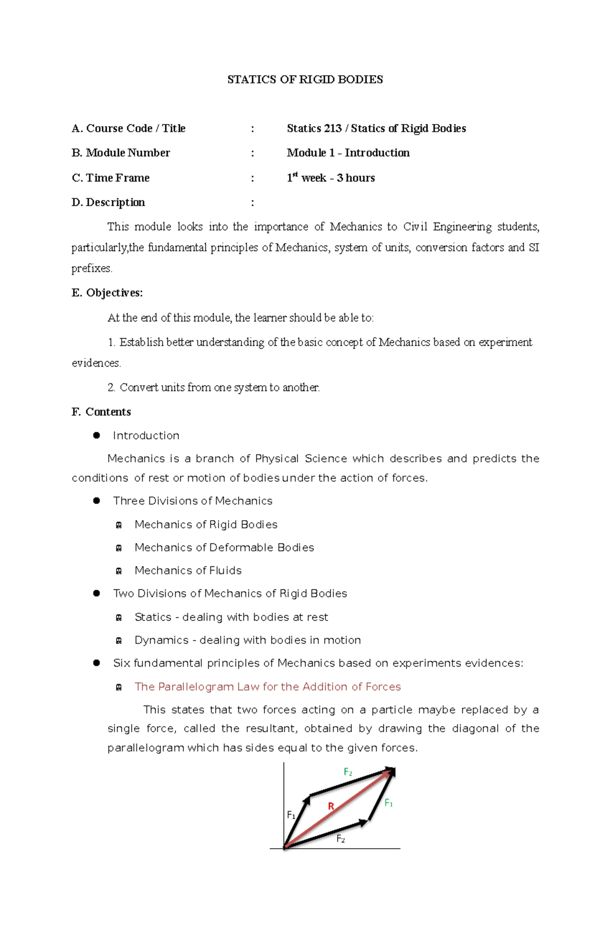 Module-1-Statics - Statics of Rigid Bodies - STATICS OF RIGID BODIES A ...