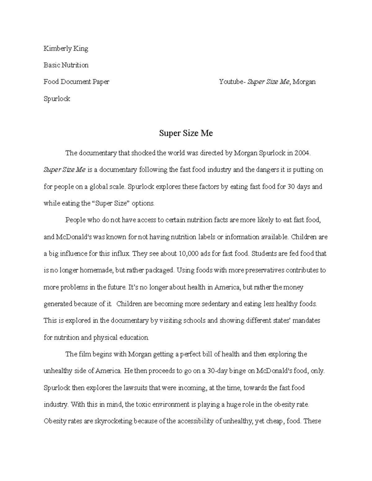 Food Document Paper - Kimberly King Basic Nutrition Food Document Paper ...