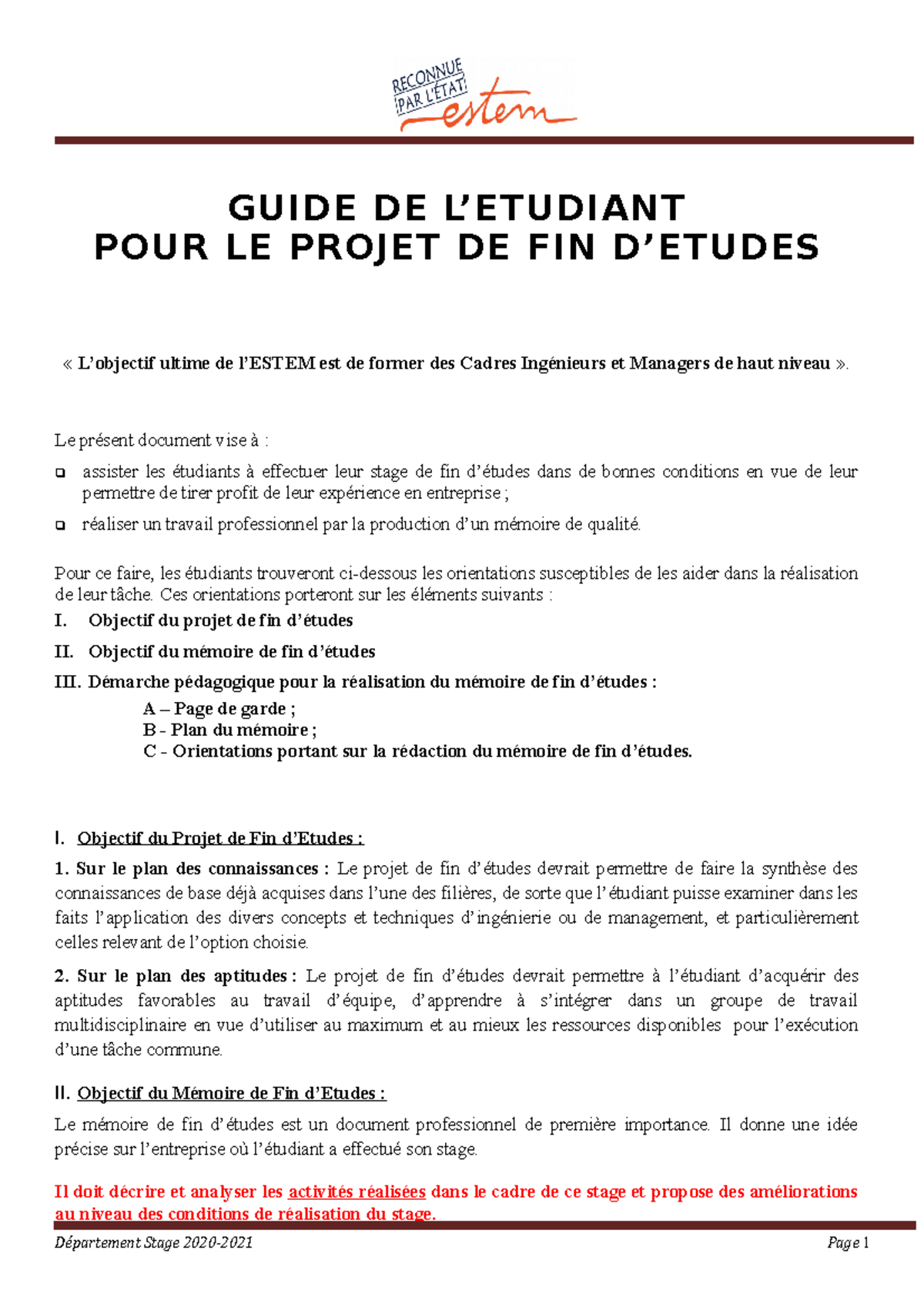 1 Guide Projet de fin d'études 2021-2022 - GUIDE DE L’ETUDIANT POUR LE PROJET DE FIN D’ETUDES ...