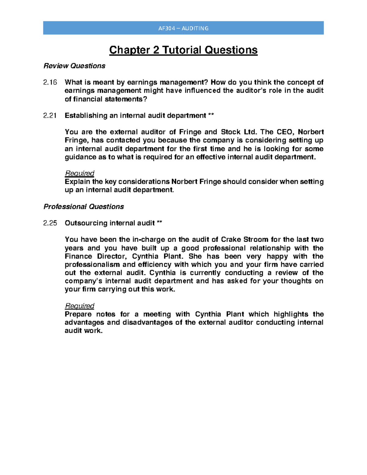 AF304 Tutorial Ch2 sc - Af301 - AF304 – AUDITING Chapter 2 Tutorial Questions Review Questions 2 ...