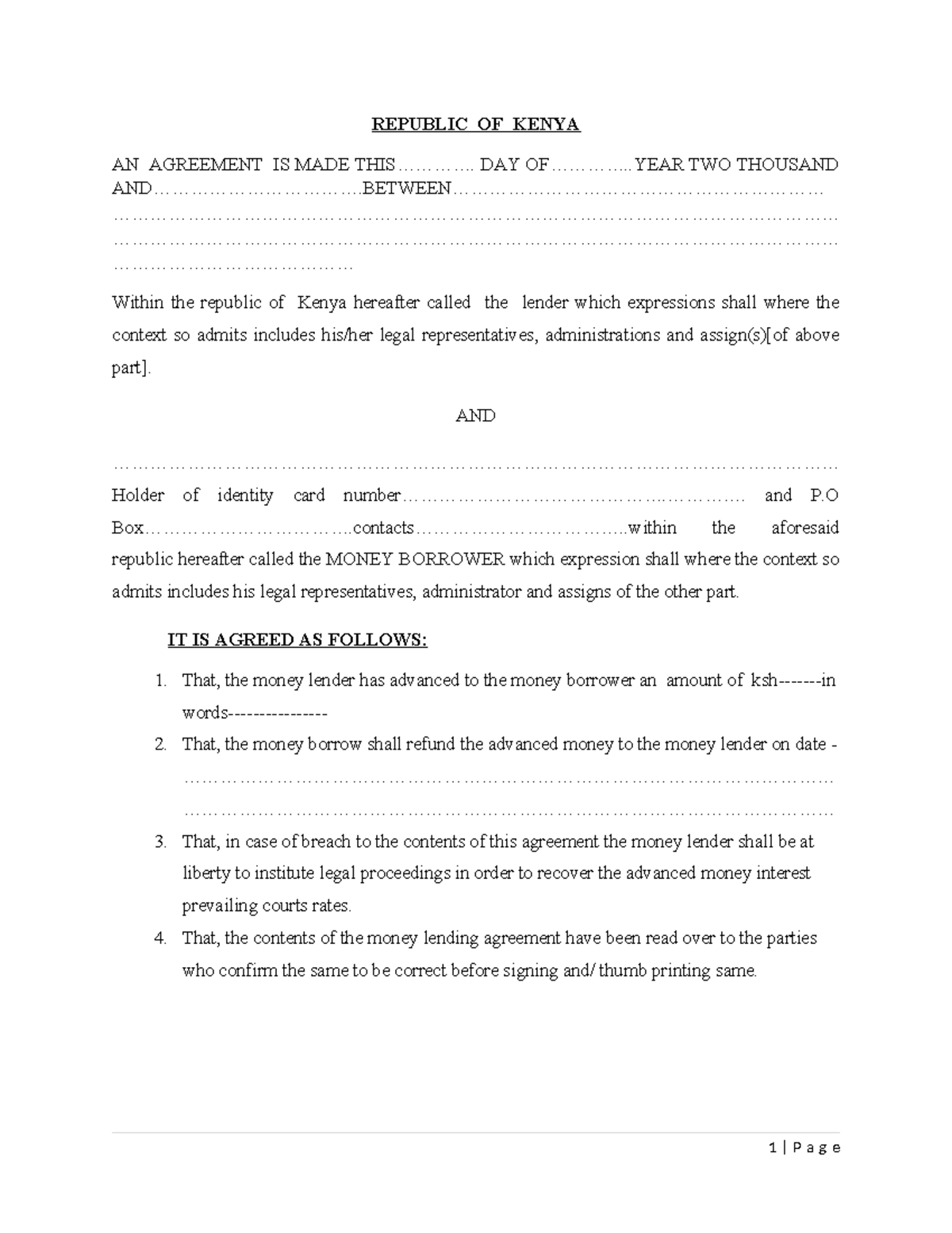 Daisy LOAN Agreement - REPUBLIC OF KENYA AN AGREEMENT IS MADE THIS ...