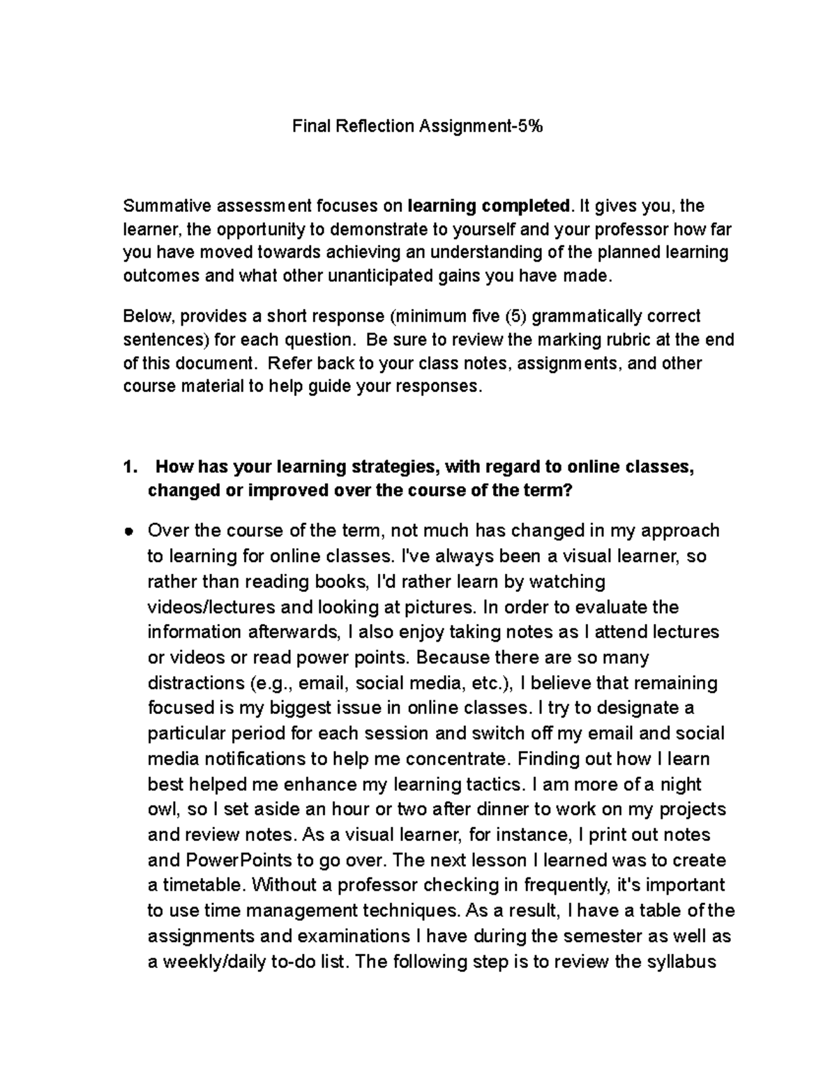 Final Reflection Assignment-HRM - Final Reflection Assignment-5% Summative assessment focuses on ...