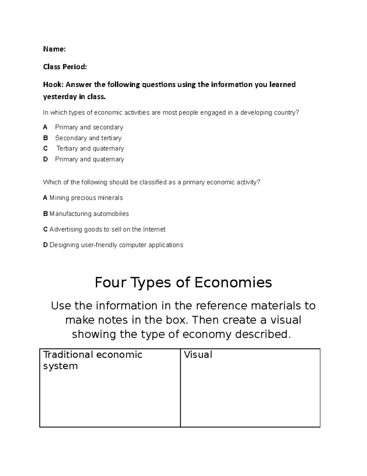Types of Economy worksheet - Name: Class Period: Hook: Answer the ...