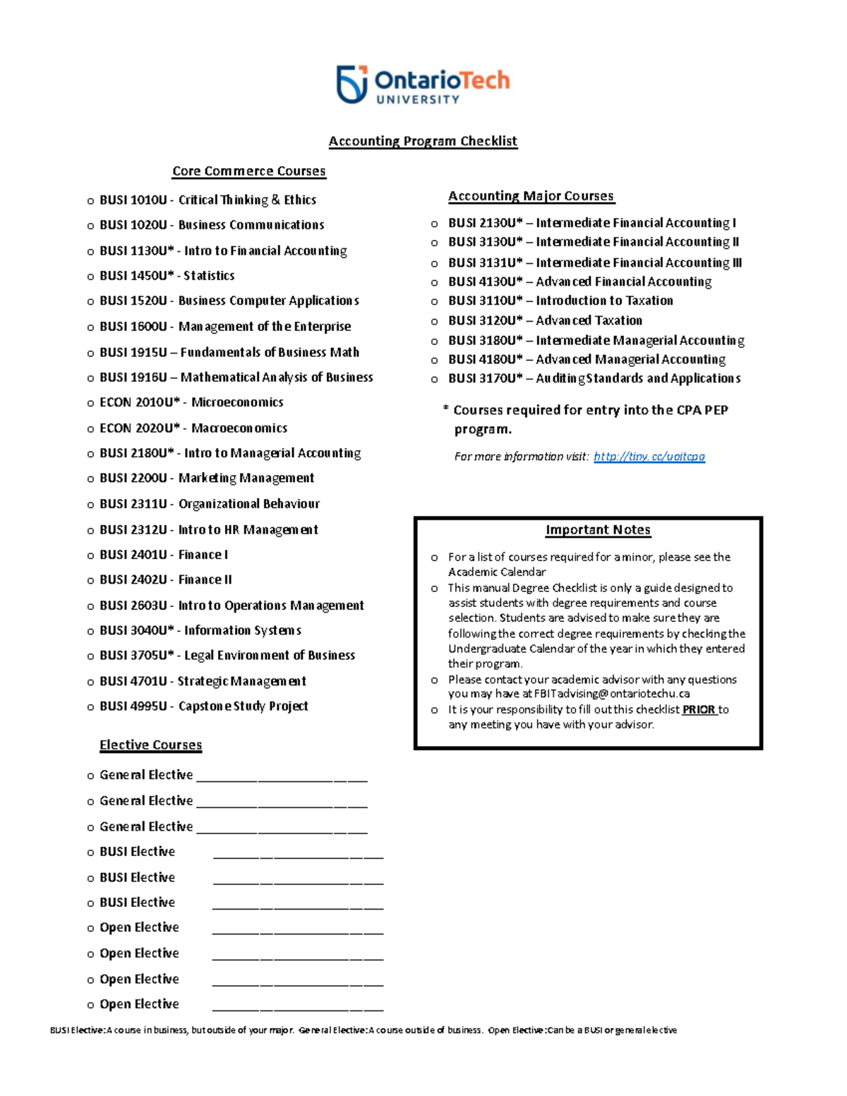 Accounting Program map from program syllabus included by Ontario tech ...