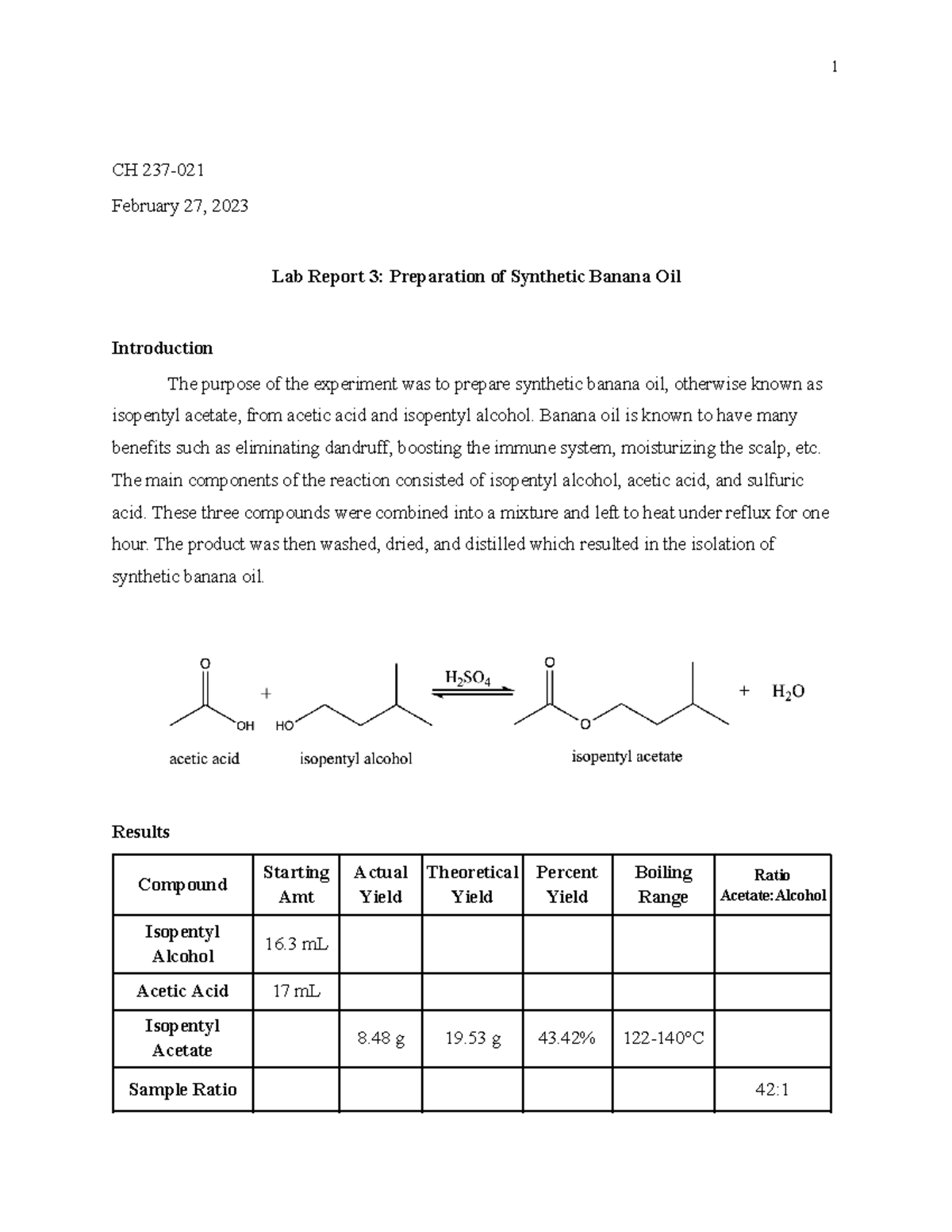 CH 237 - Lab Report 3 - Preparation of Synthetic Banana Oil - CH 237 ...