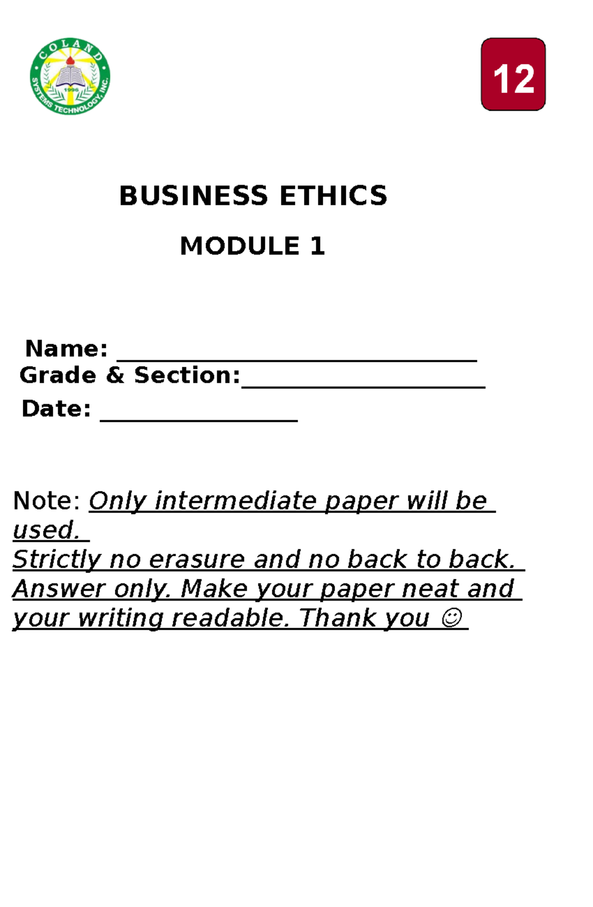 BUS - Lecture notes 1 - SHS BUSINESS ETHICS MODULE 1 Name