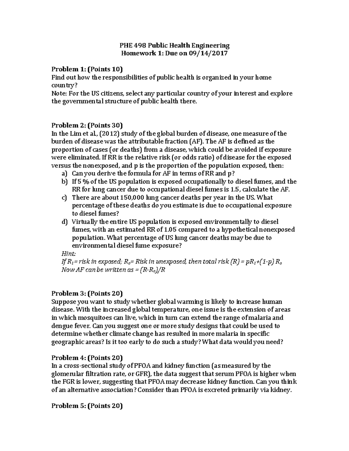 PHE498 HW1 - Homework questions - PHE 498 Public Health Engineering ...