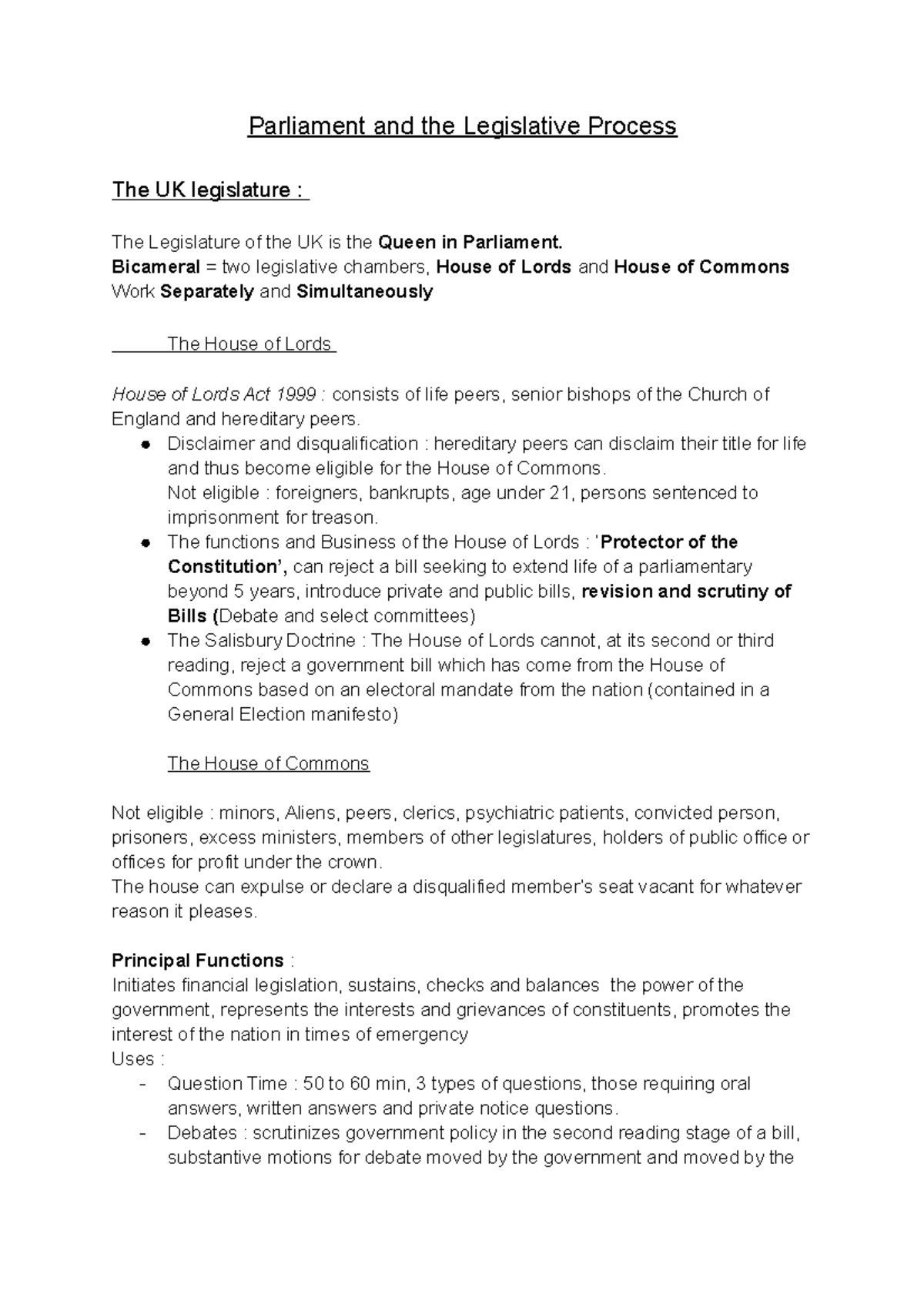 Parliament and the Legislative Process - Bicameral = two legislative ...