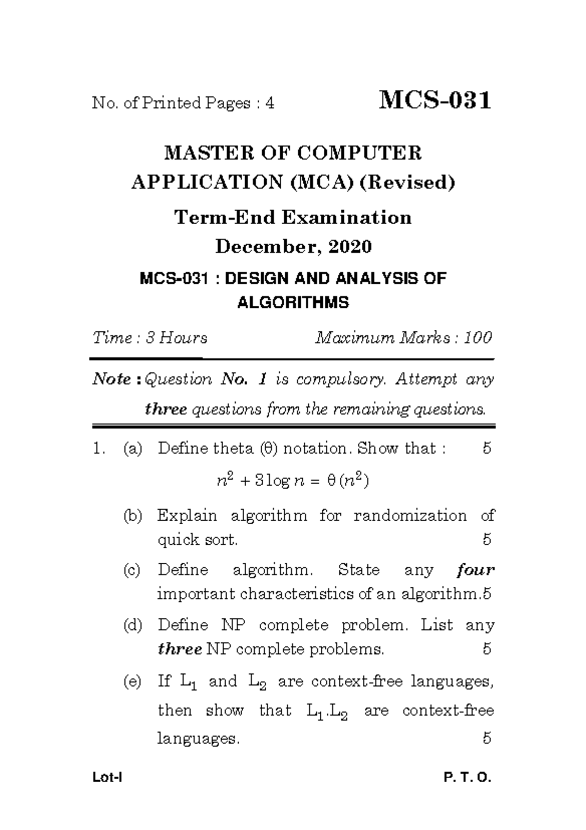 MCS-031 - Lot-I P. T. O. No. of Printed Pages : 4 MCS- MASTER OF COMPUTER APPLICATION (MCA ...