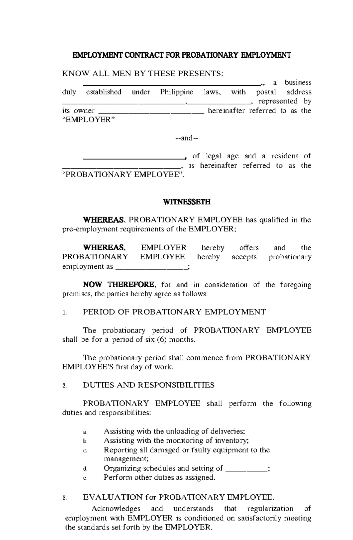 Employment Contract FOR Probationary Employment - EMPLOYMENT CONTRACT ...