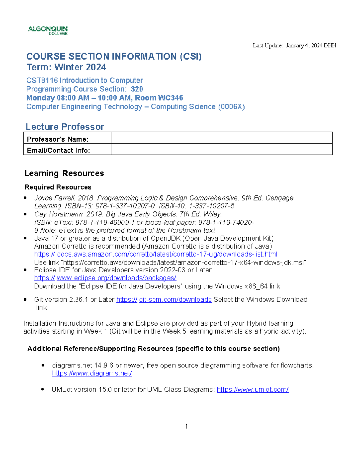 CST8116 Winter 2024 Course Section Information Document(CSI) - 4 Jan ...