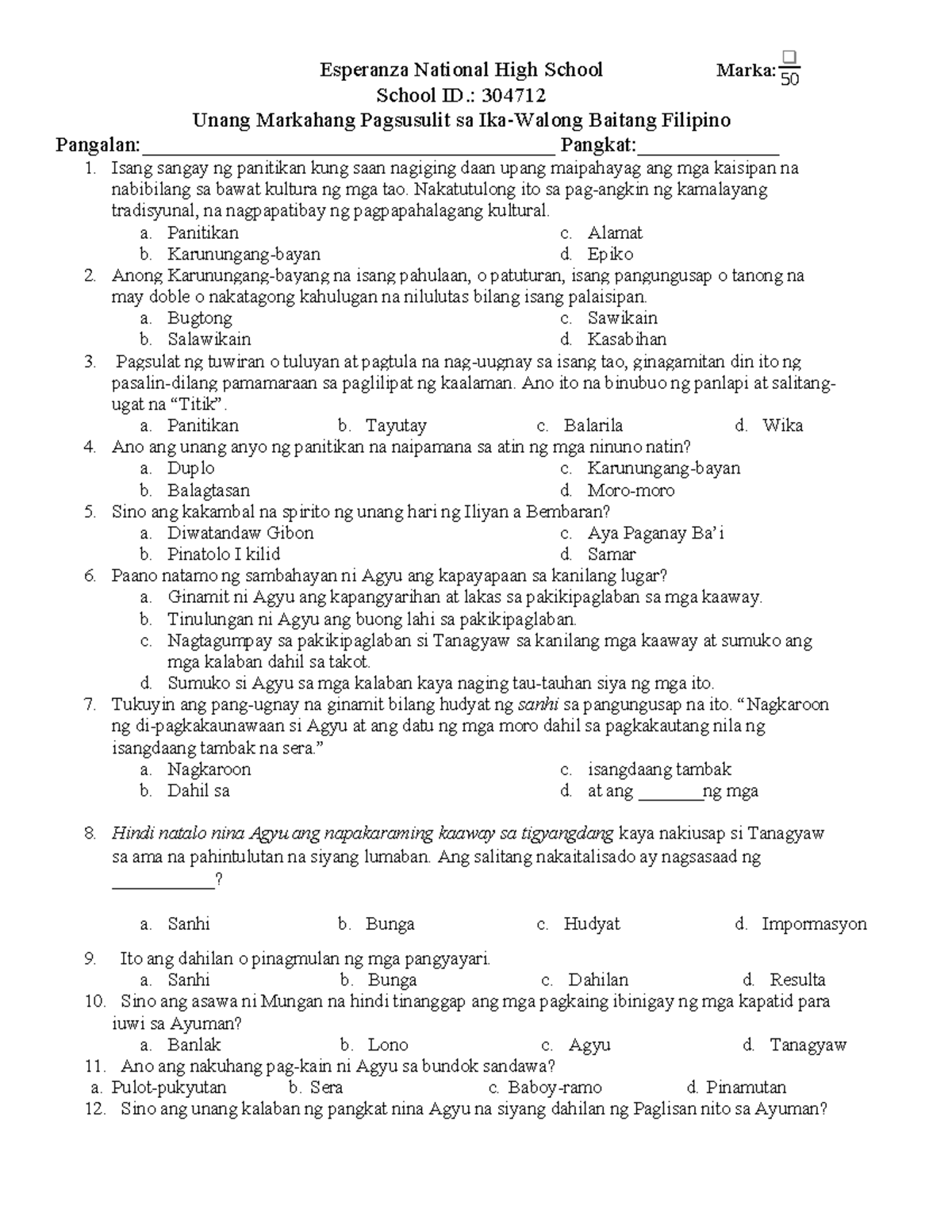 1st quarter exam in filipino - Esperanza National High School School ID ...