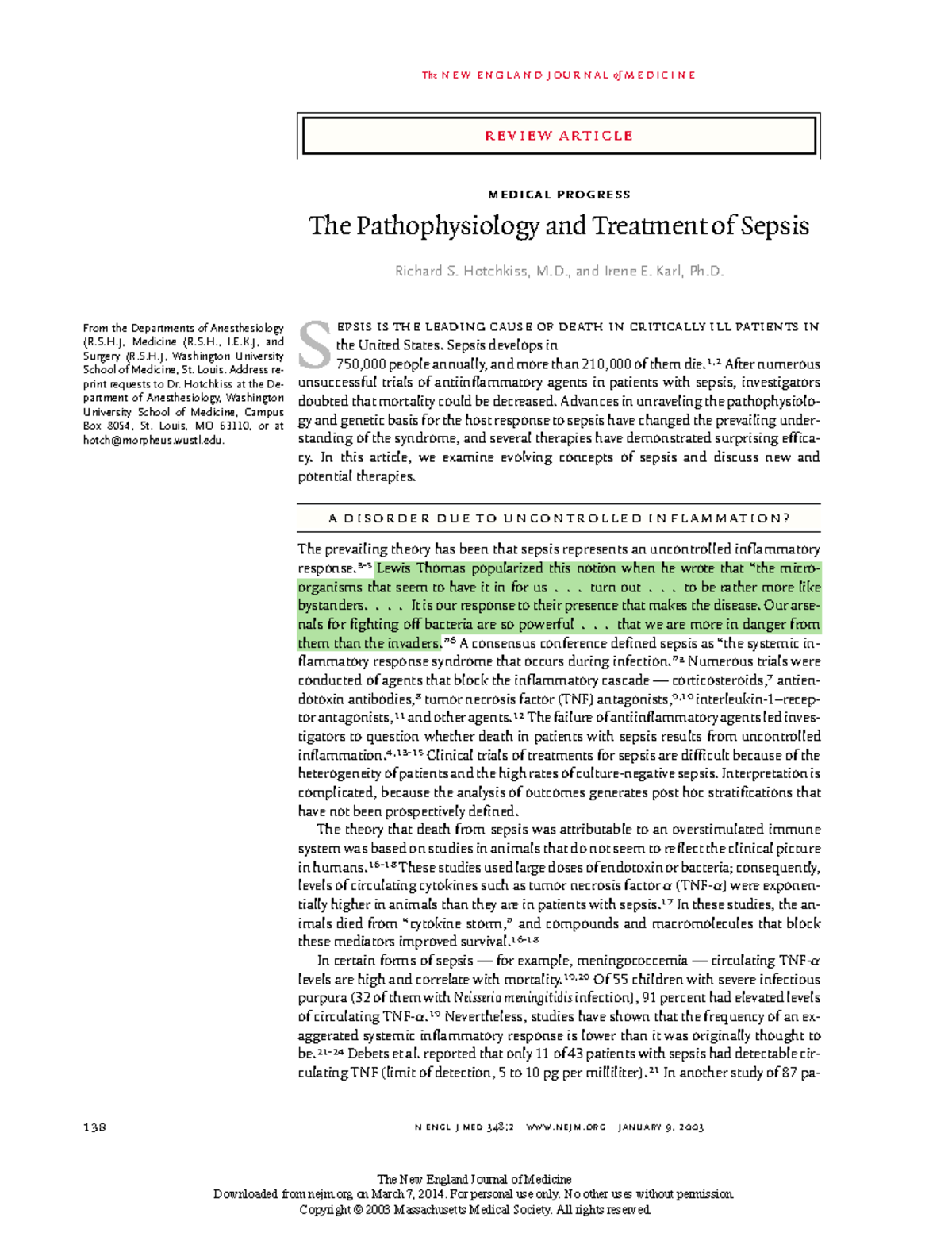 Sepsis fisiopatologia y tratamiento NEJM - review article The new ...