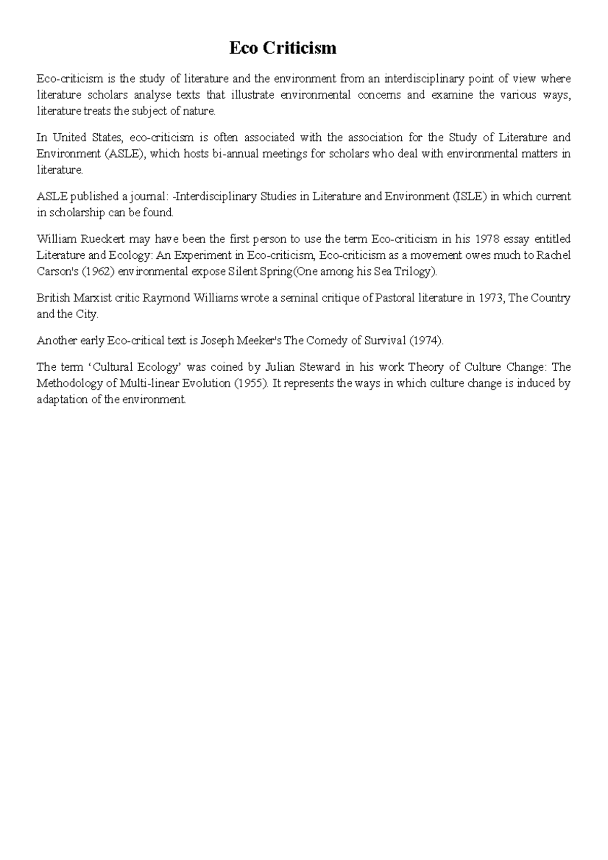 9. Eco Criticism - Eco Criticism Eco-criticism is the study of ...