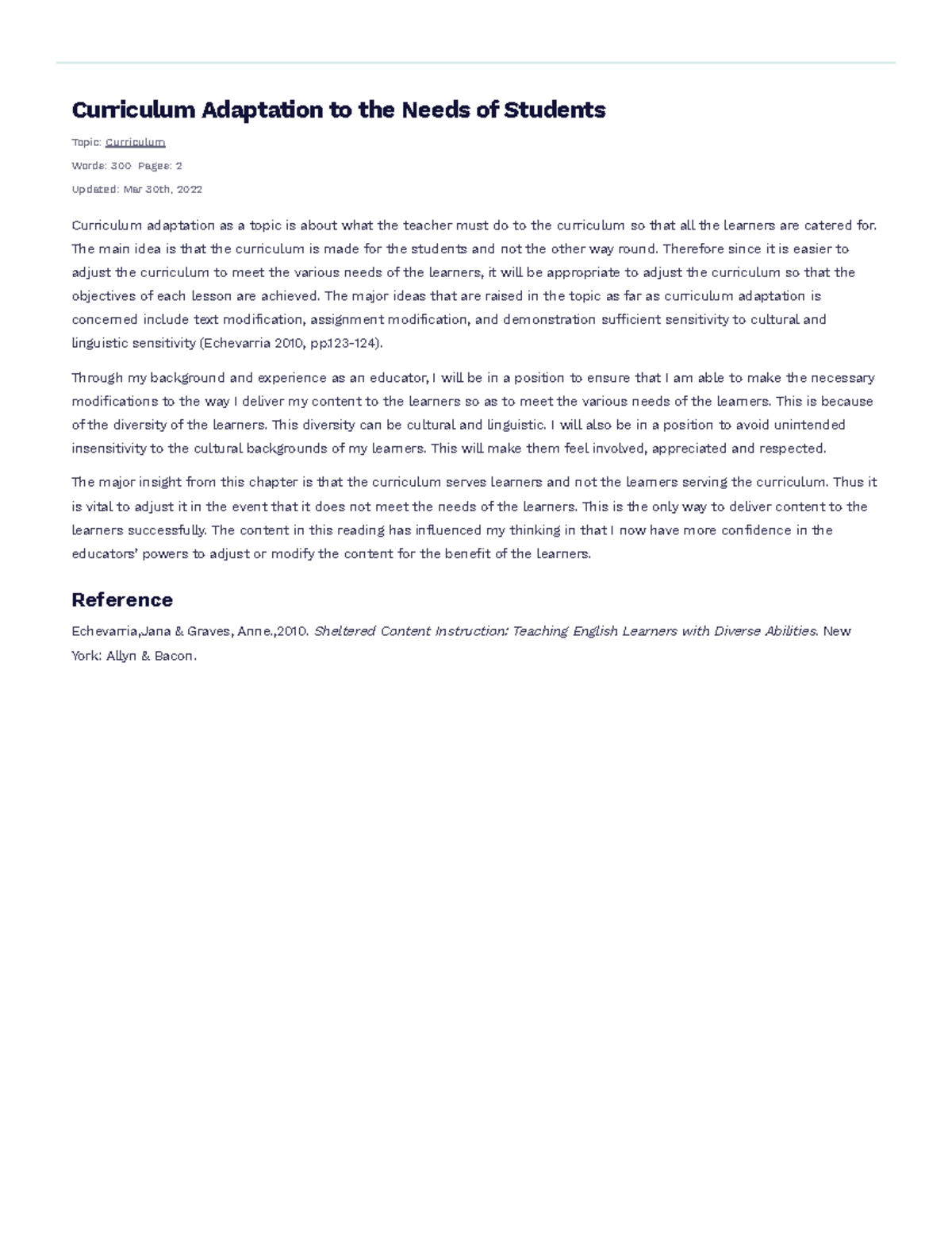 Curriculum Adaptation to the Needs of Students Free Essay Example ...