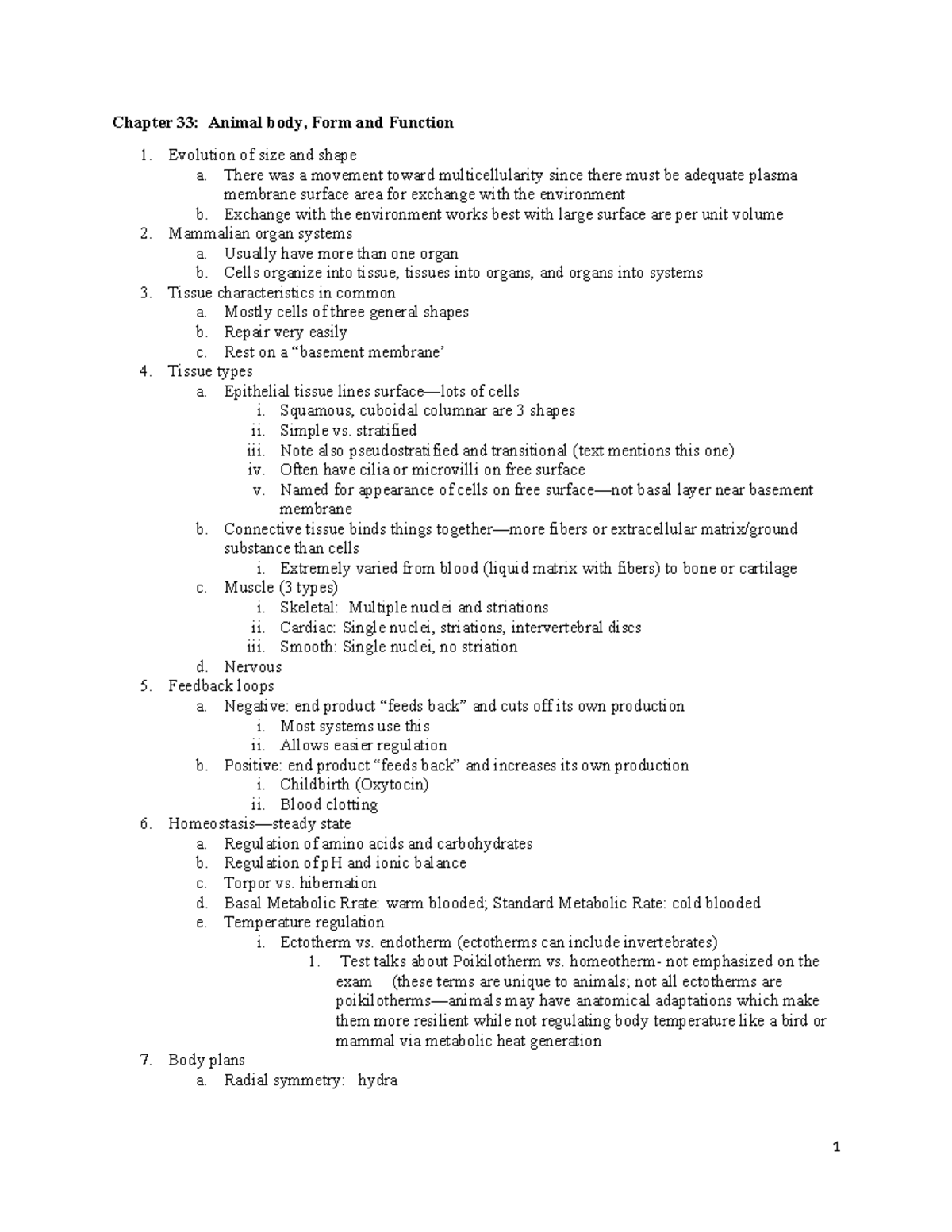 BIol II Review Sheet 1 summer 2 - Chapter 33: Animal body, Form and ...