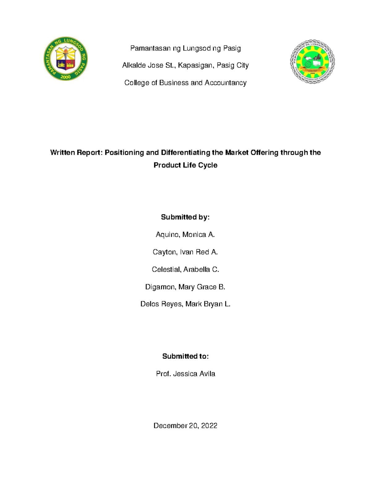 BSBA4C Group 9 Written-Report - Pamantasan ng Lungsod ng Pasig Alkalde ...