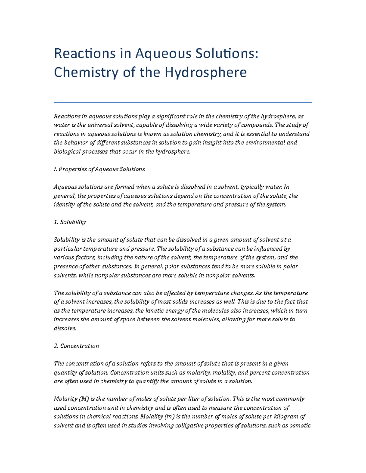 Reactions in Aqueous Solutions Chemistry of the Hydrosphere - Reactions ...