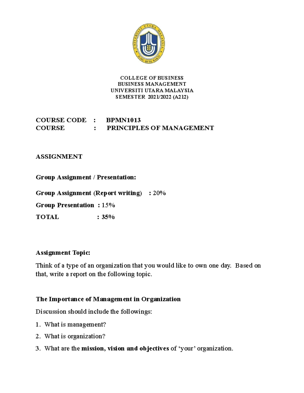A212-Group Assignment - COLLEGE OF BUSINESS BUSINESS MANAGEMENT UNIVERSITI UTARA MALAYSIA ...