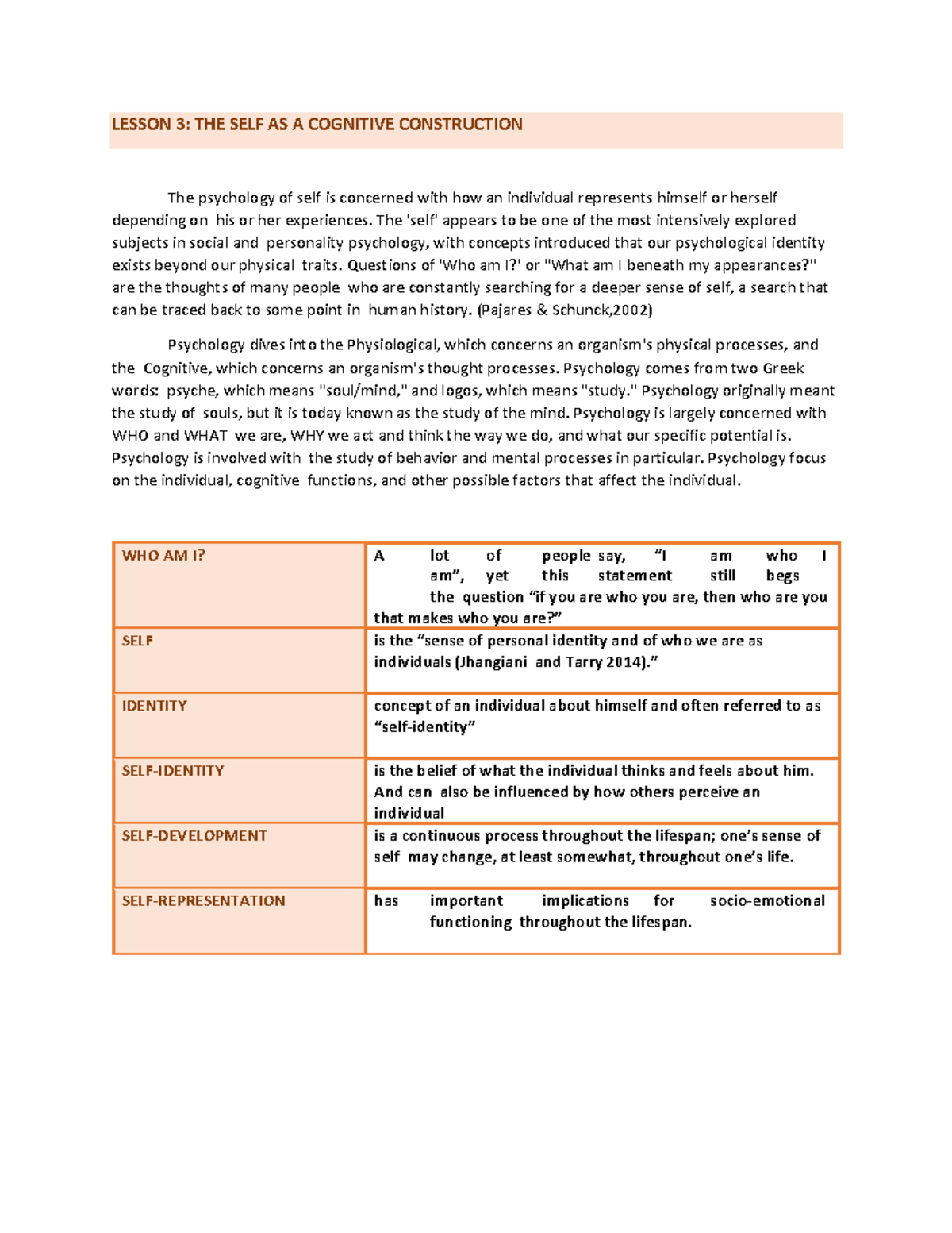 Lesson-3 UTS UTS - LESSON 3: THE SELF AS A COGNITIVE CONSTRUCTION The psychology of self is ...