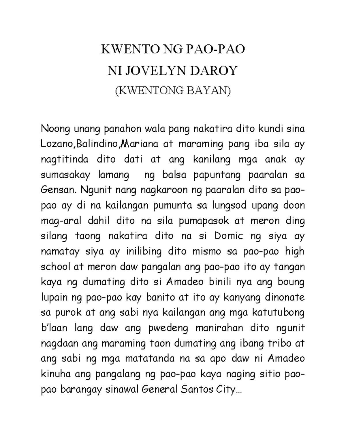461560249 Kwento NG PAO Blaan - KWENTO NG PAO-PAO NI JOVELYN DAROY ...