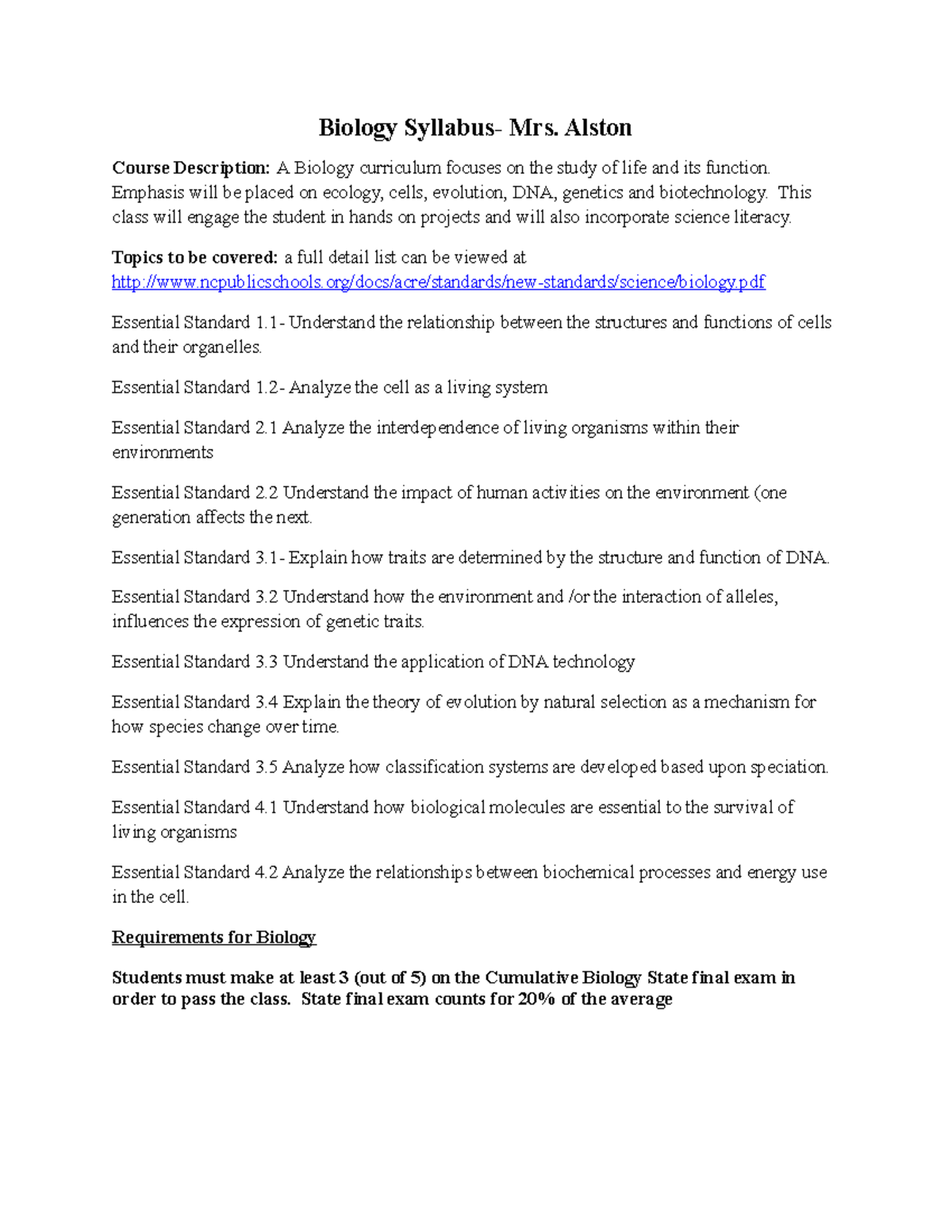 Biology Syllabus - Alston Course Description: A Biology curriculum ...