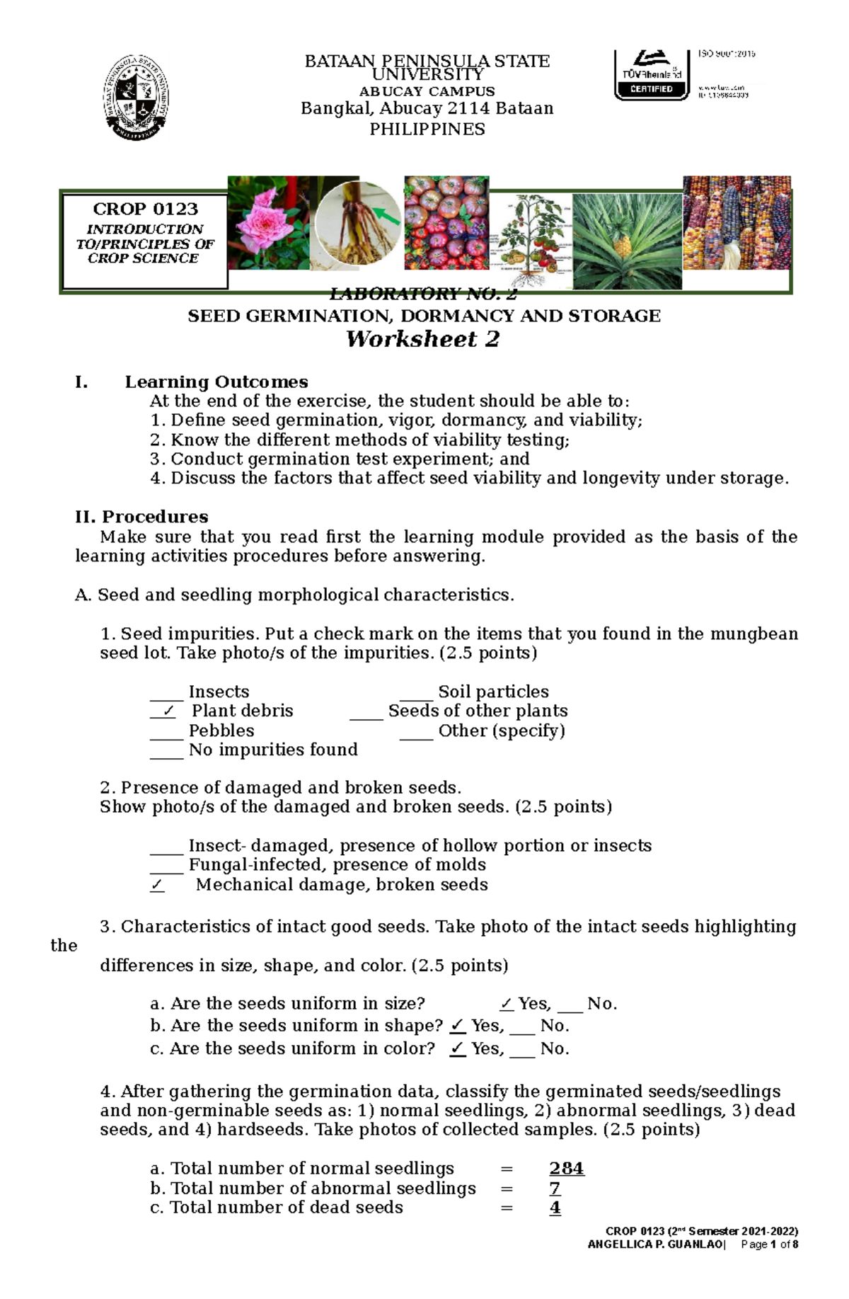 Laboratory No.2-CROP 0123-Worksheet 2 and Study Question 2 Potes ...