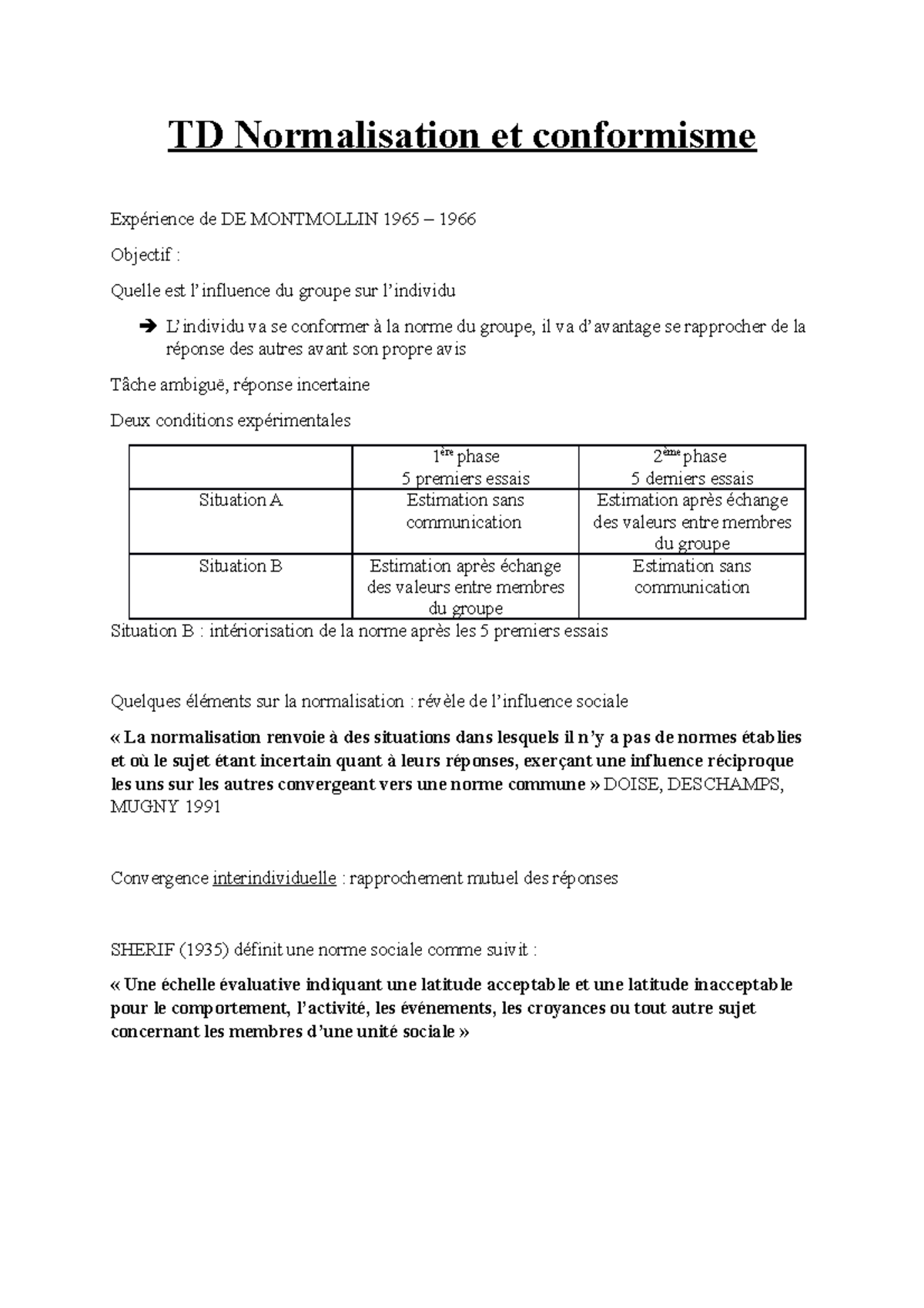 TD Psychologie sociale : Normalisation et conformisme - TD Normalisation et conformisme ...