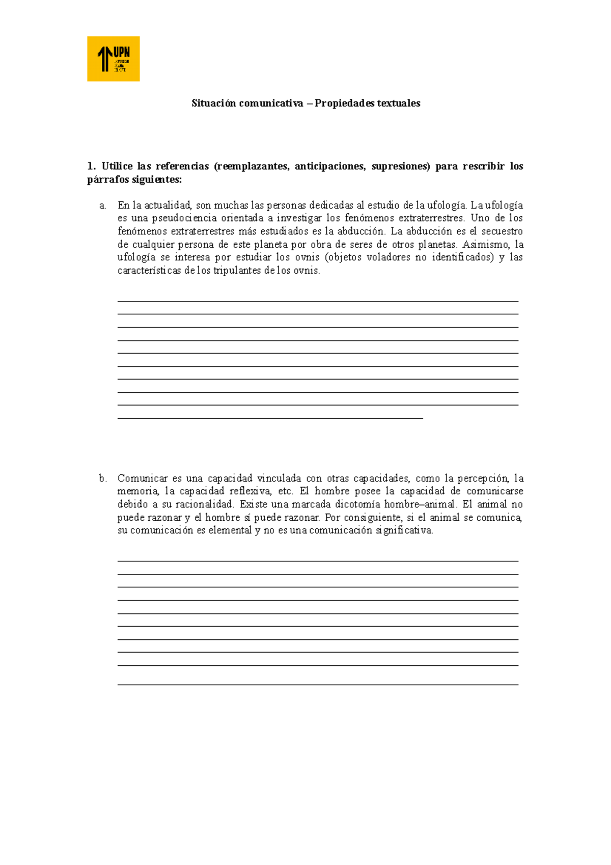 Material complementario M1 Semana 2 - Situación comunicativa – Propiedades textuales Utilice las ...
