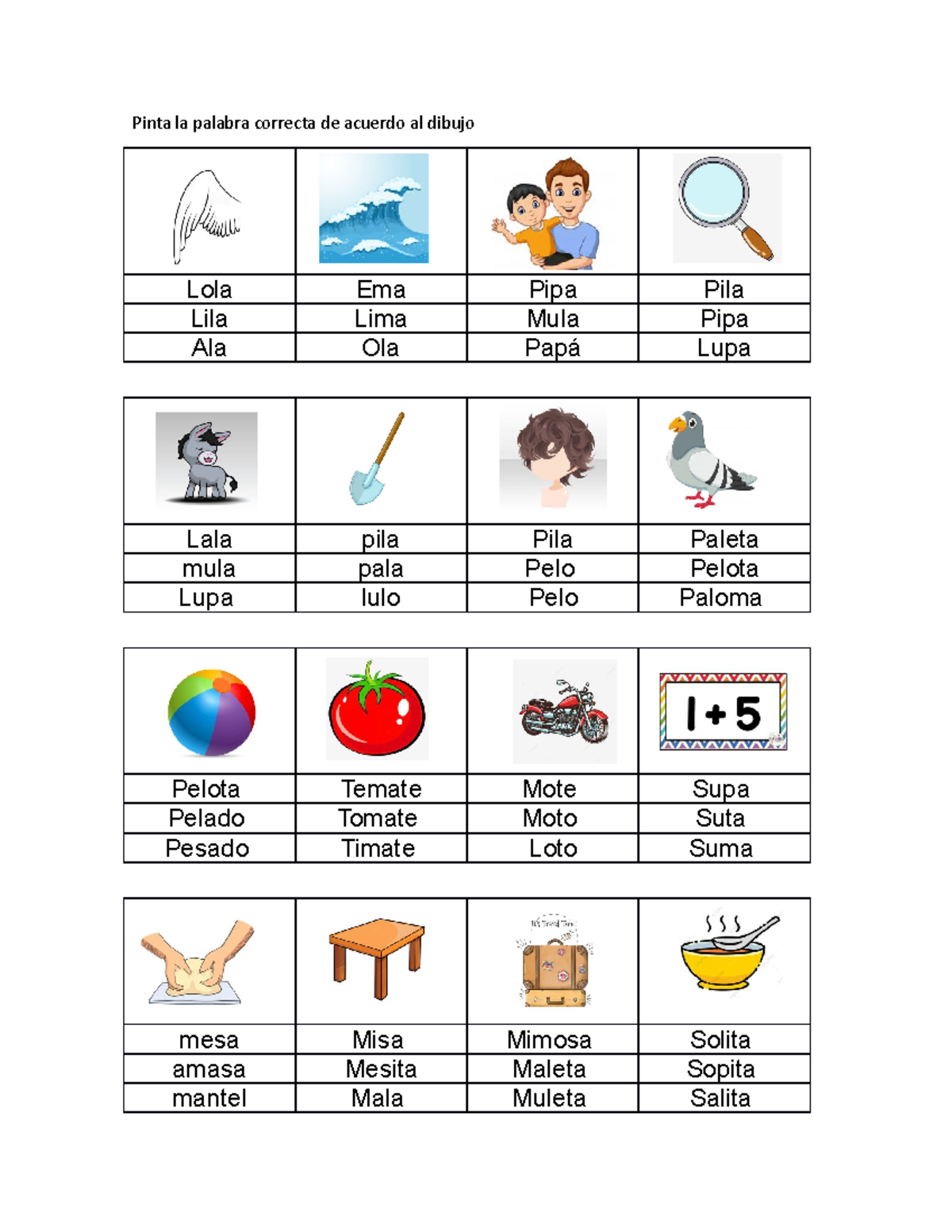 Pinta la palabra correcta de acuerdo al dibujo - Lola Ema Pipa Pila ...