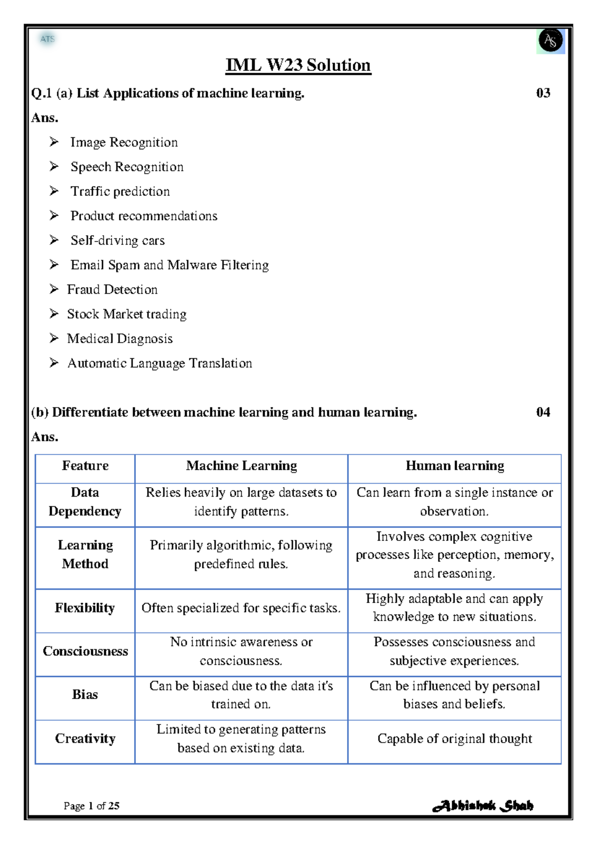 IML W23 Solution - 03 Ans. Image Recognition Speech Recognition Traffic prediction Product - Studocu