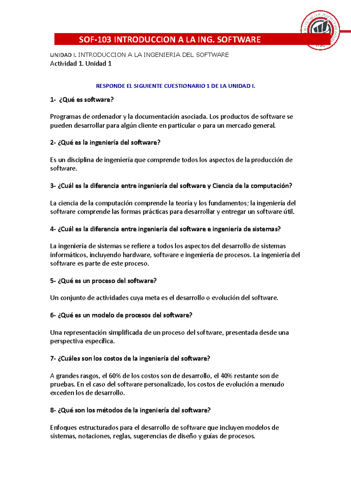 Tarea 1 - SOF 103 - SOF-103 INTRODUCCION A LA ING. SOFTWARE UNIDAD I ...