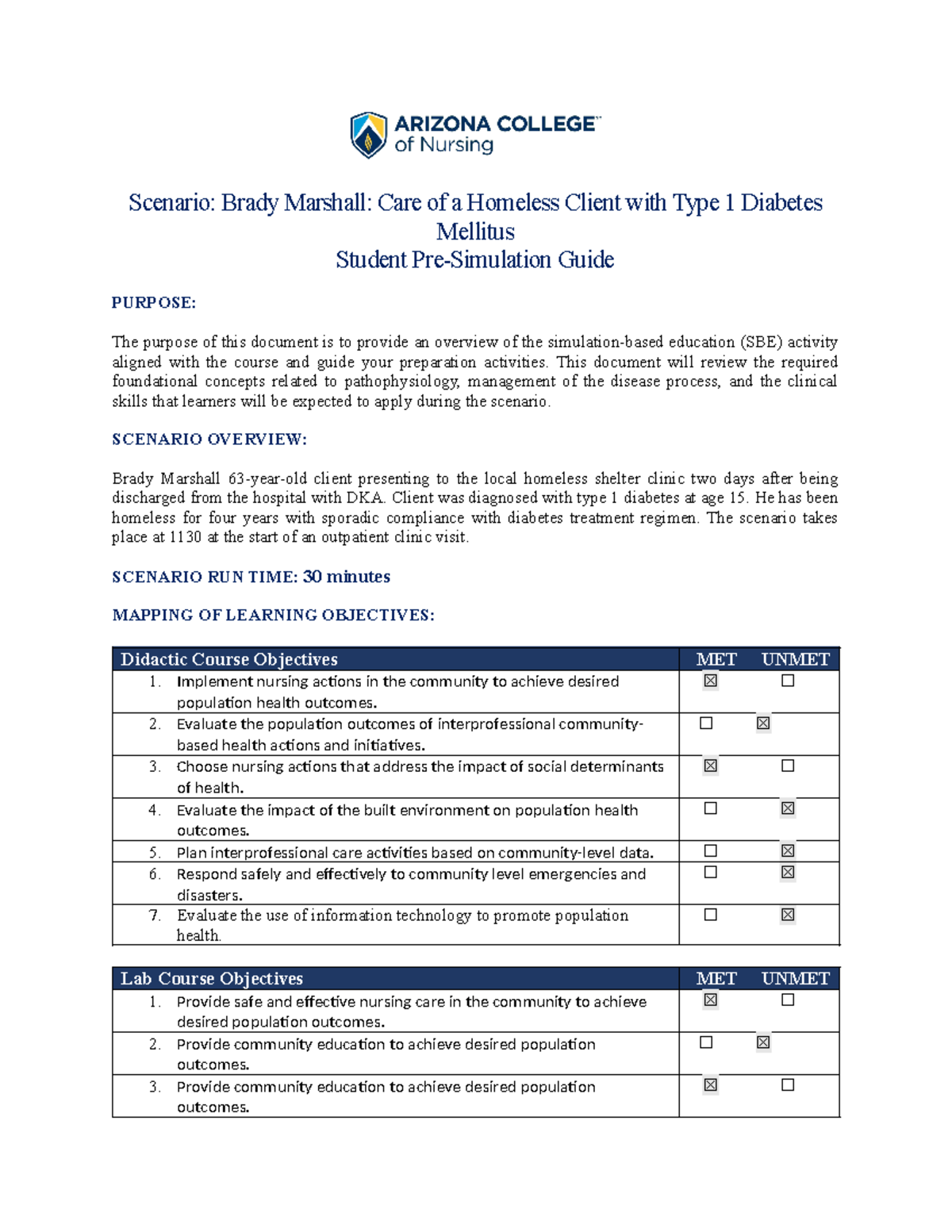 Pre Sim Lab Sheet 1 - Brady Marshall - Scenario: Brady Marshall: Care ...