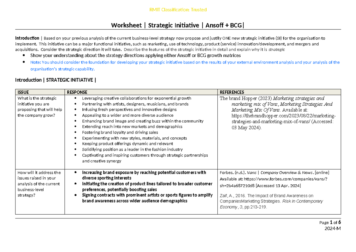 Strategic Initiative Ansoff BCG Worksheet 2024-M-1 - Worksheet ...