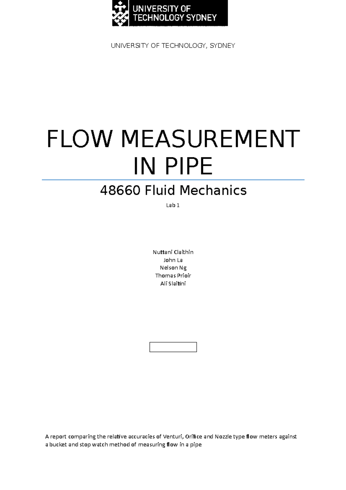 2015 AUT Pipe flow report 1 - UNIVERSITY OF TECHNOLOGY, SYDNEY FLOW ...