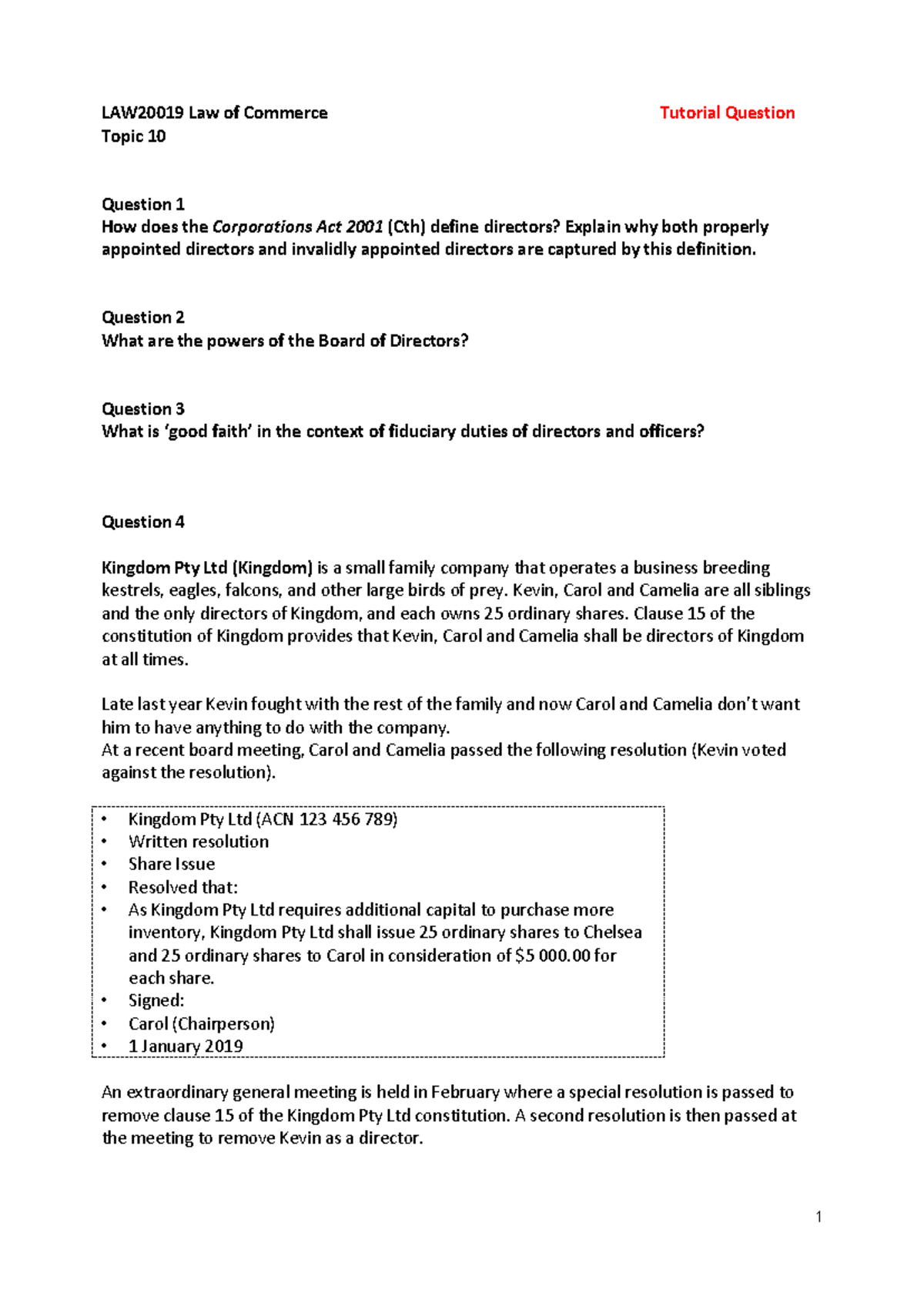 LAW2001 9 Topic 10 Tutorial Question - 1 LAW20019 Law of Commerce ...