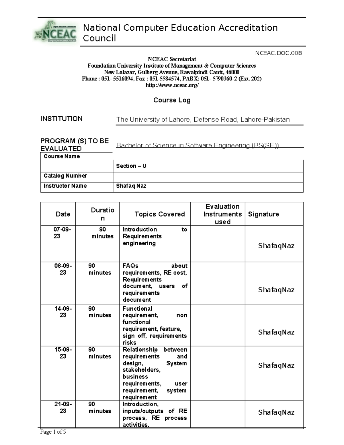 SRE Course LOG - Lec Notes - NCEAC. Council NCEAC NCEAC Secretariat ...