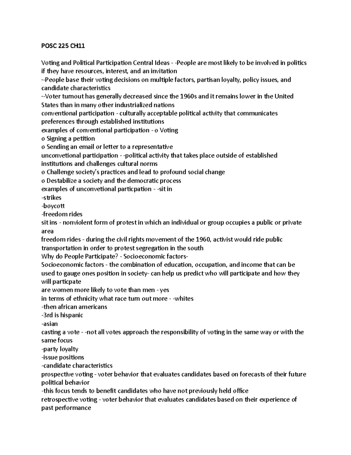 POSC 225 CH11 - Lecture notes ch11 - POSC 225 CH Voting and Political ...