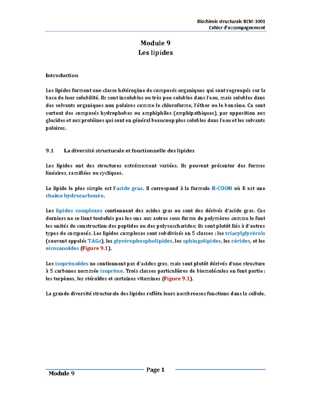 Cahier Module 9 2023 - RESUME - Cahier d’accompagnement Page 1 Module 9 Les lipides Introduction ...